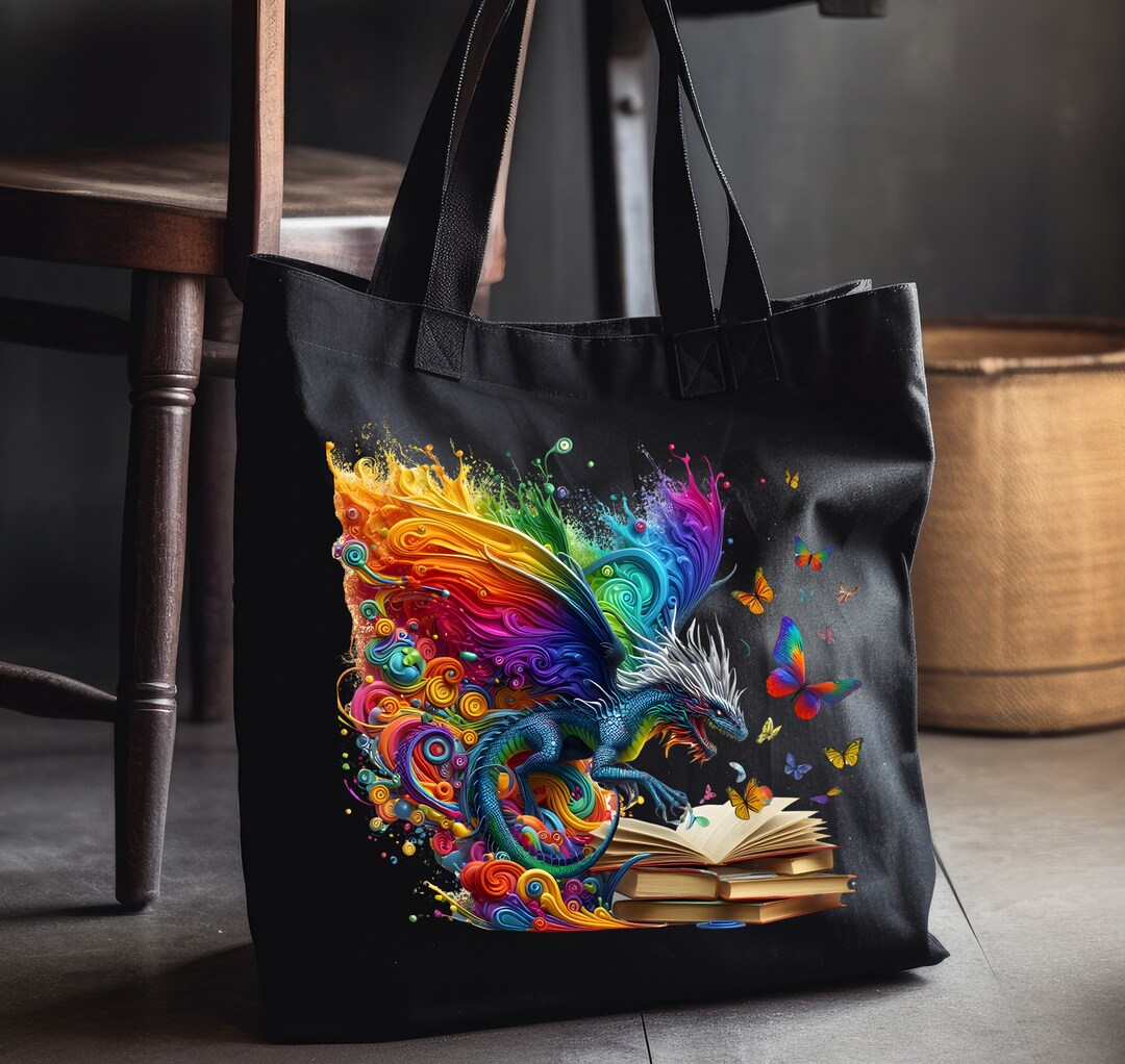 Rainbow Dragon Tote Bag, Book Dragon Tote, Reading Dragon Tote Bag ...