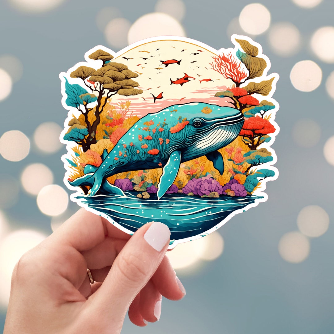 Blue Whale Sticker, Whale Reading Book Sticker, Ocean Whale Sticker ...