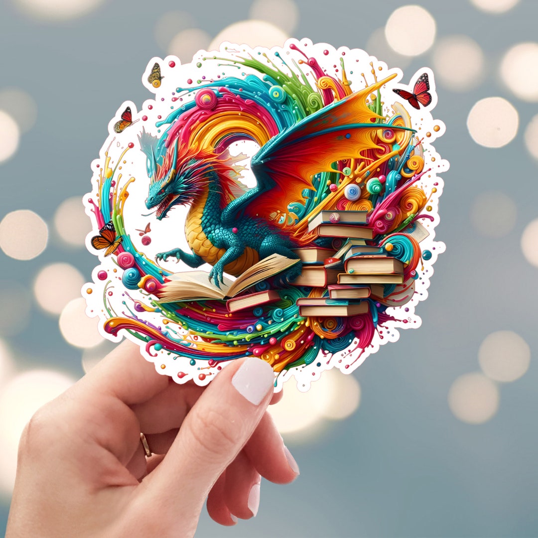 Rainbow Dragon Sticker, Reading Book Dragon Sticker, Mystical Dragon ...