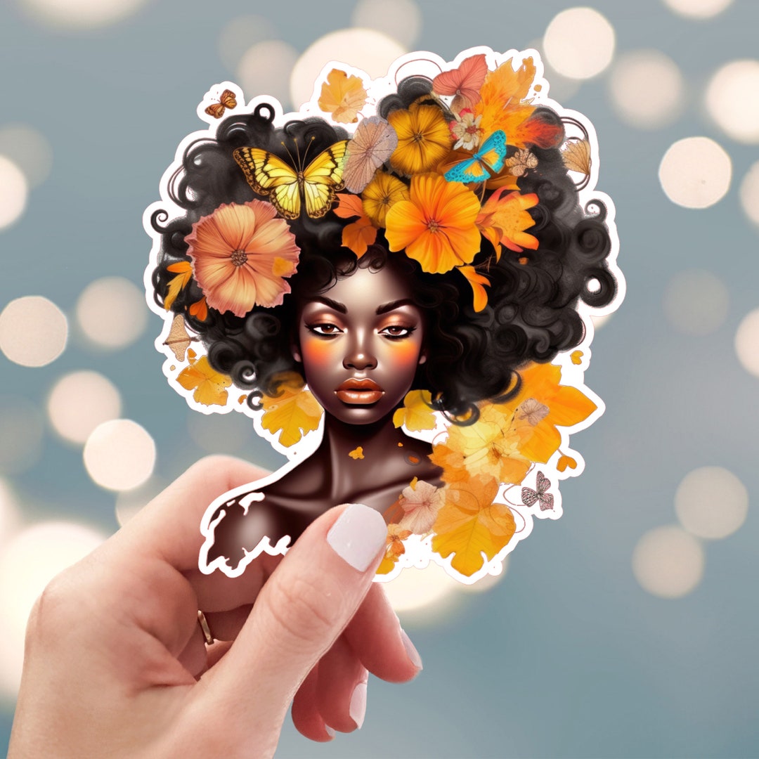 Afro Girl Sticker, Floral African American Woman Sticker, Afro Hair ...