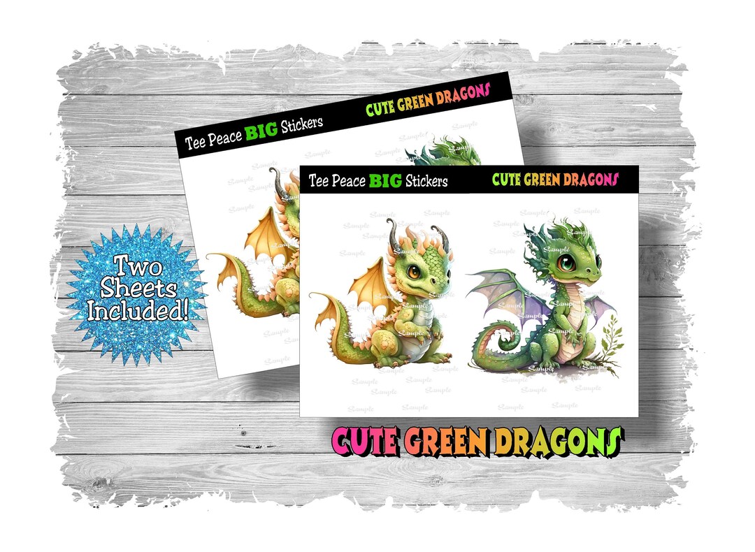 Cute Green Dragons Sticker Sheets, BIG Stickers, 2 Sheet Bundle, Baby ...