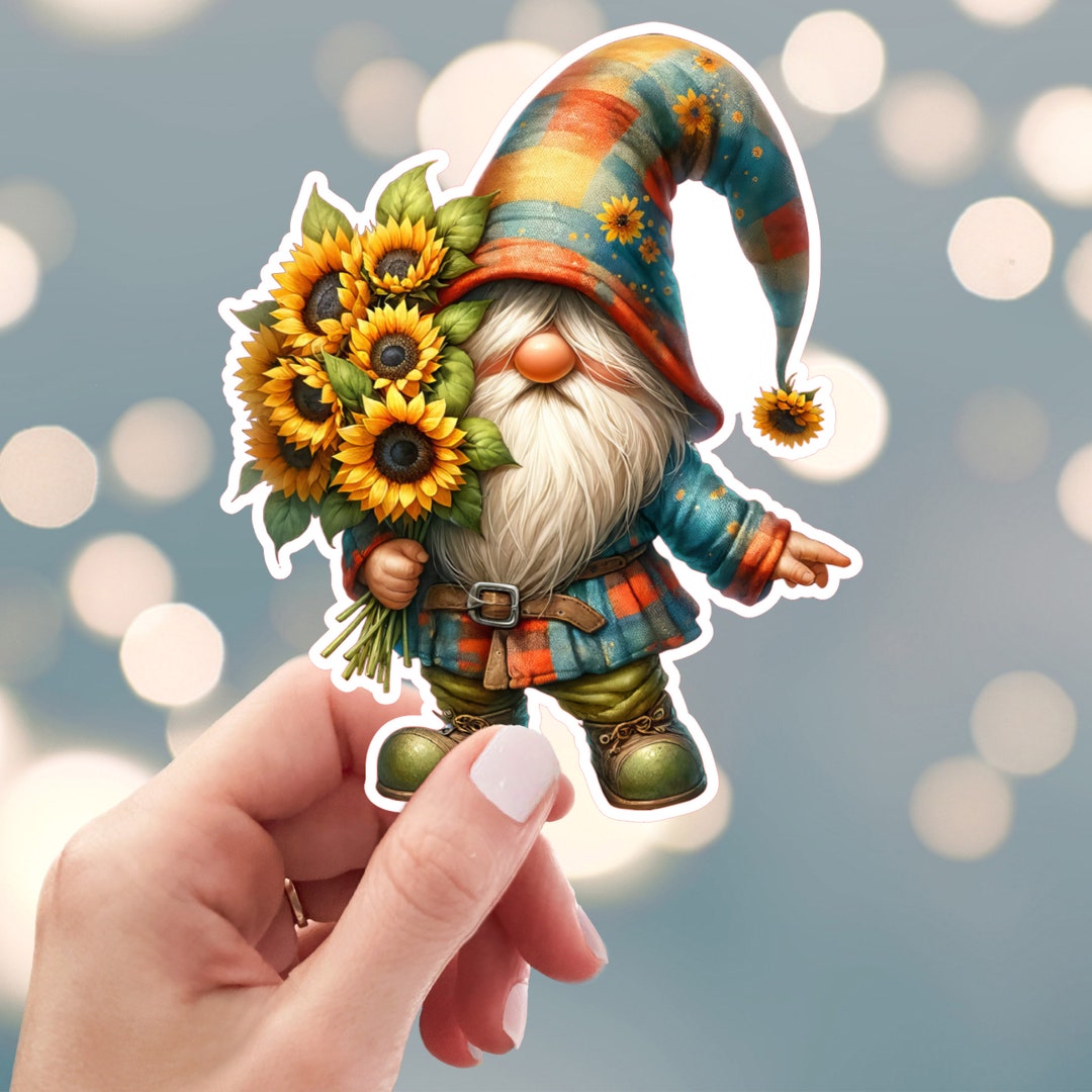 Garden Gnome Sticker, Sunflower Gnome Sticker, Floral Gnome Sticker ...