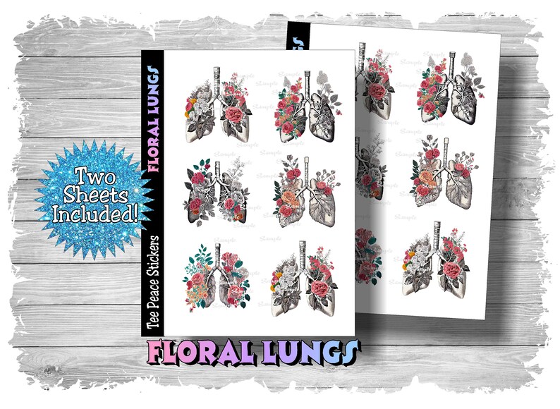 Floral Lungs Sticker Sheets, 2 Sheet Bundle, Lung Stickers, Lung Cancer ...