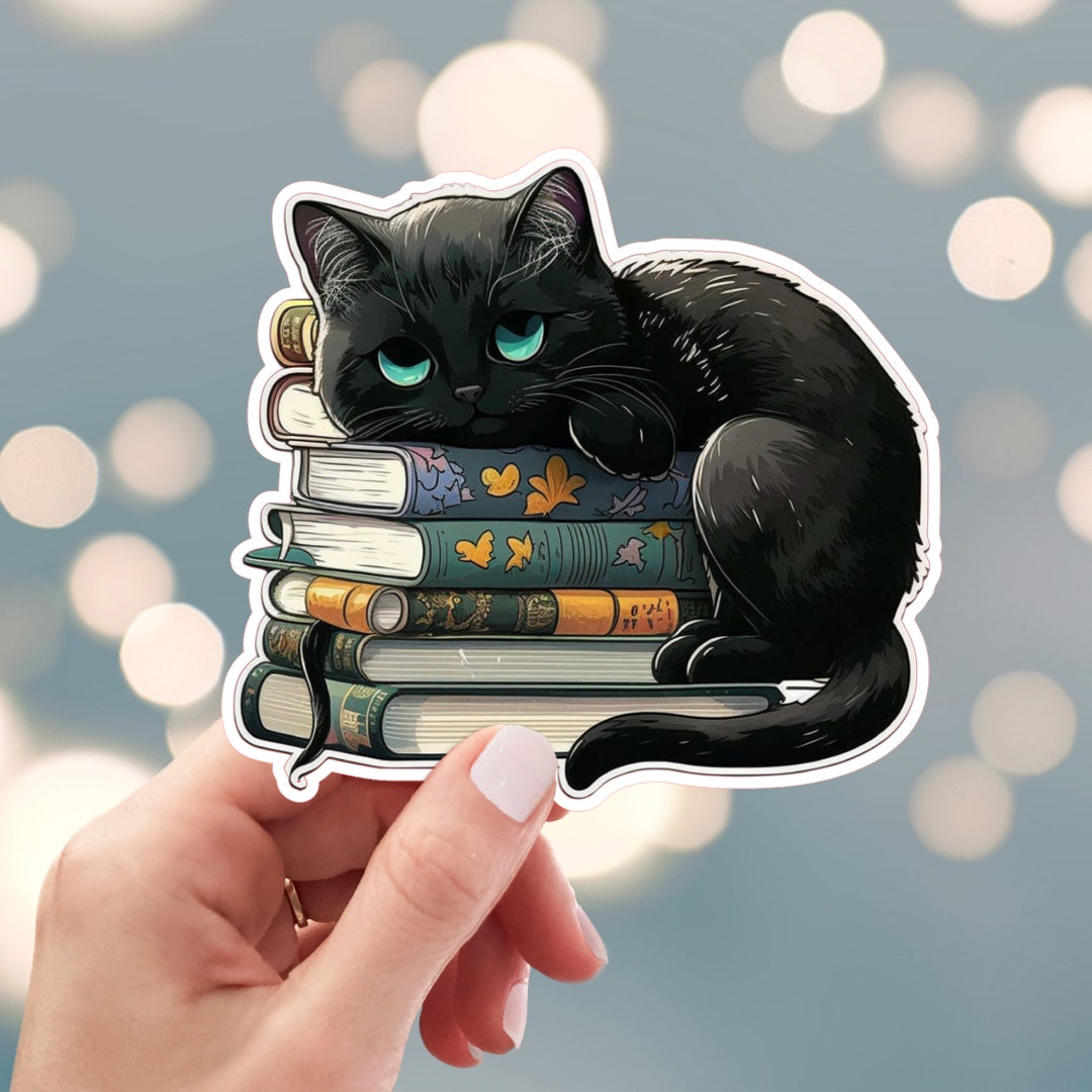Sleepy Cat Sticker, Cat on Stack of Books Sticker, Black Cat Sticker ...
