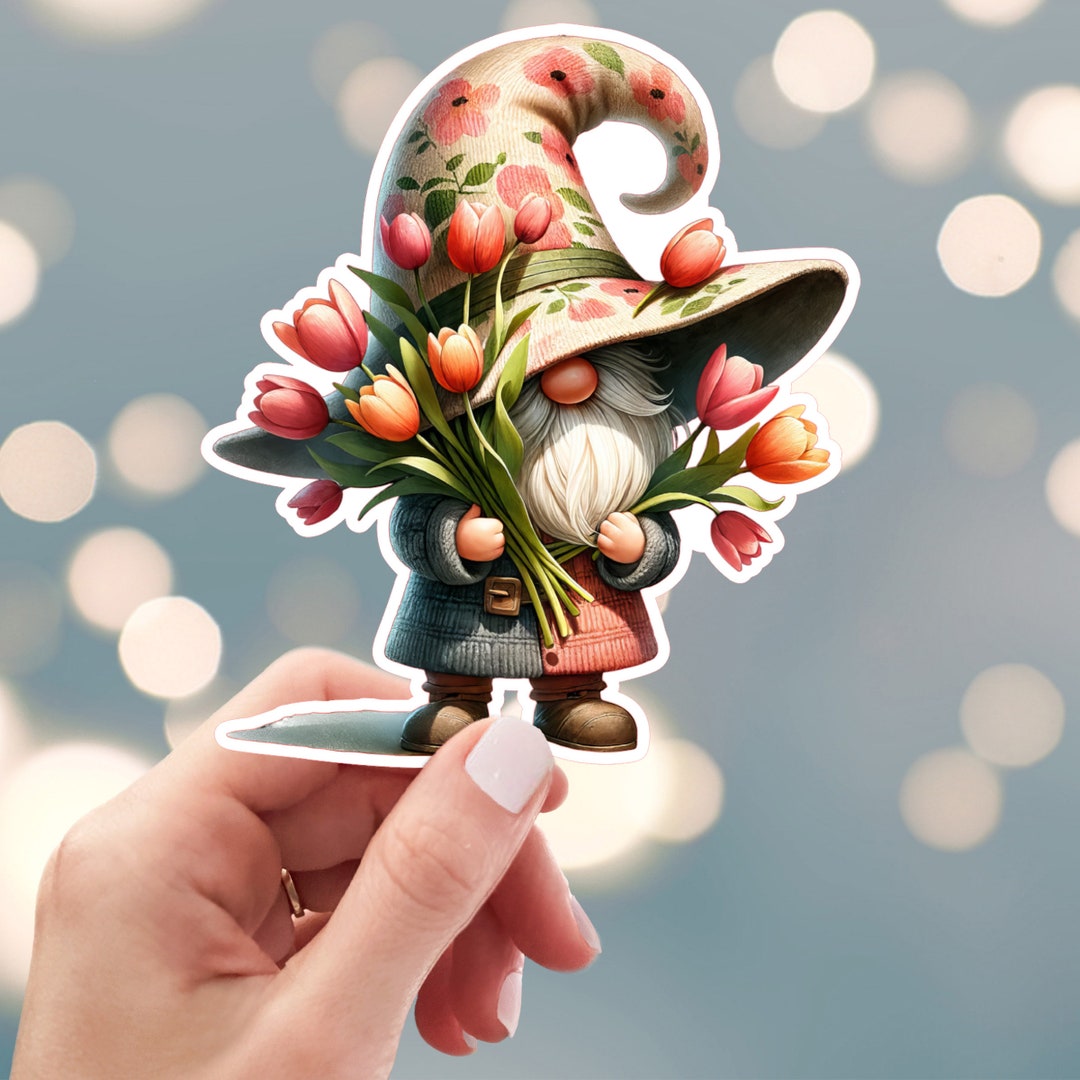 Garden Gnome Sticker, Tulip Gnome Sticker, Floral Gnome Sticker, Floral ...