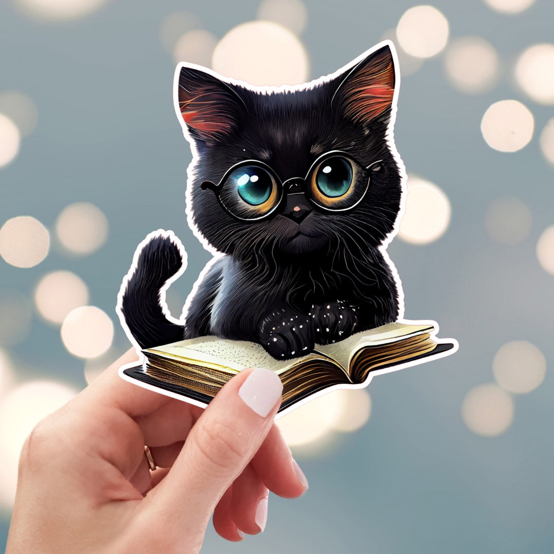 Black Cat Reading Book Sticker, Kitten Reading Sticker, Library Book ...