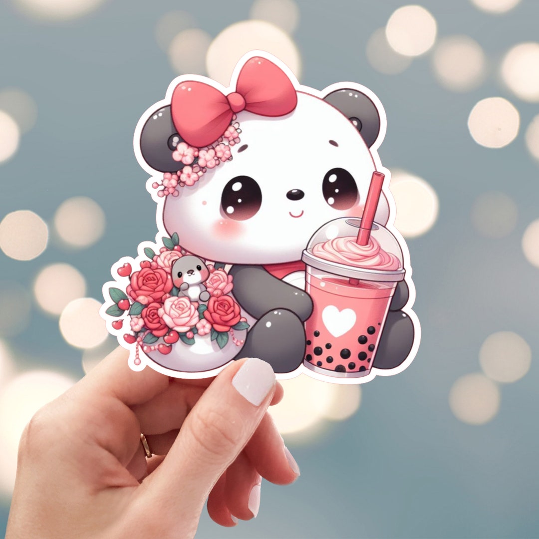 Kawaii Panda Boba Tea Sticker, Strawberry Refresher Sticker, Bubble Tea ...