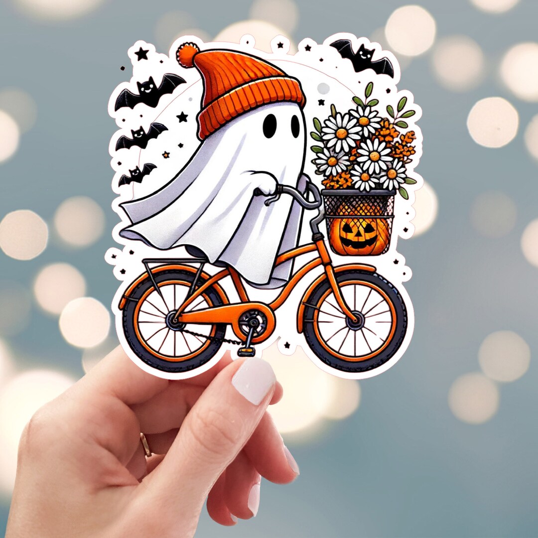 Halloween Ghost Sticker, Autumn Bike Ride Sticker, Ghosts and Bats ...