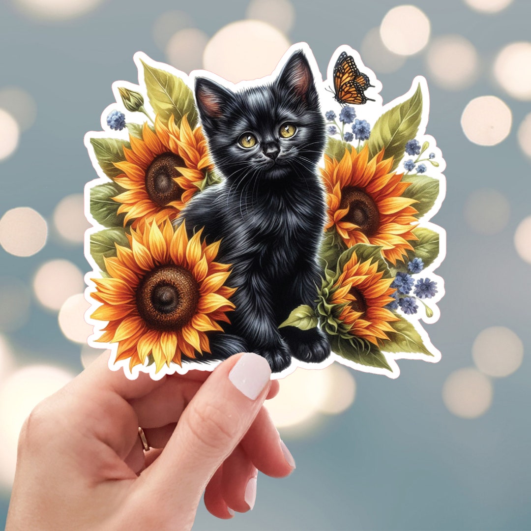 FREE Sunflower Black Cat Sticker, Black Kitten Sticker, Summer Fall ...