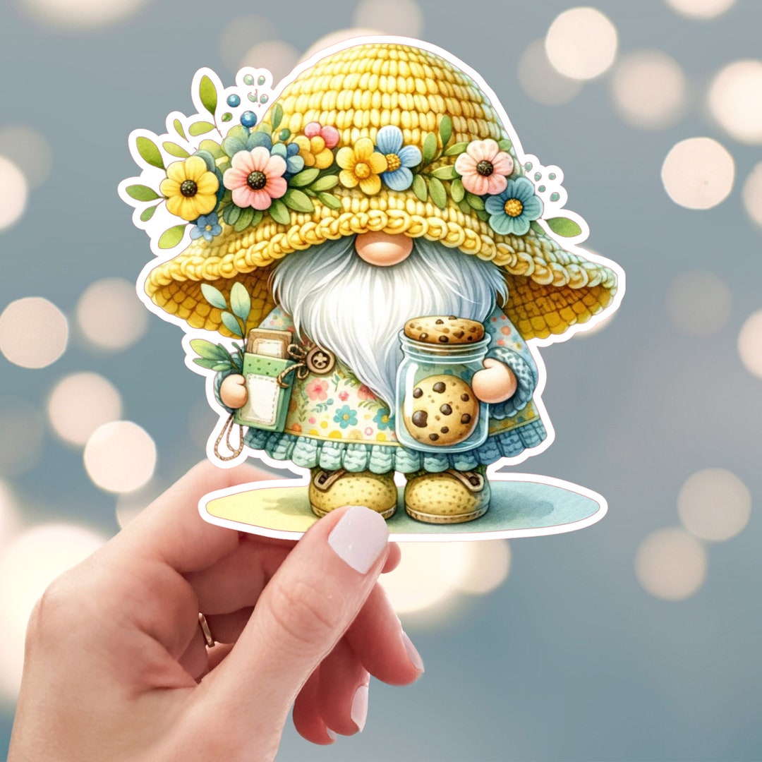 Flower Gnome Sticker, Summer Garden Gnome Sticker, Cookie Baking Gnome ...