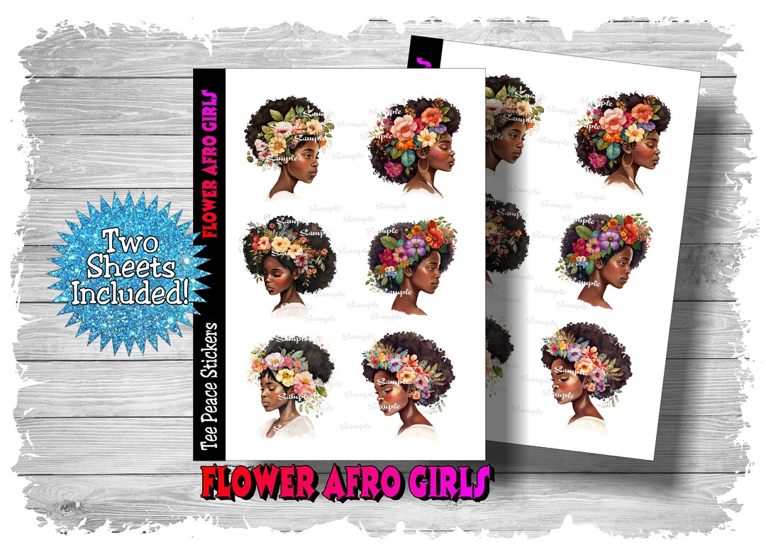 Afro Girl Sticker Sheets, 2 Sheet Bundle, Flower Hair Girl Planner ...