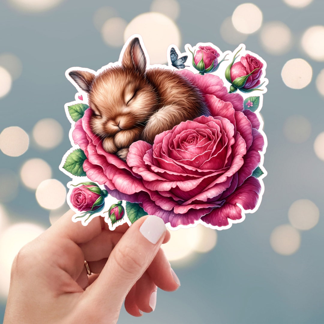 Bunny Rabbit Sticker, Pink Rose Sticker, Easter Bunny Sticker, Summer ...