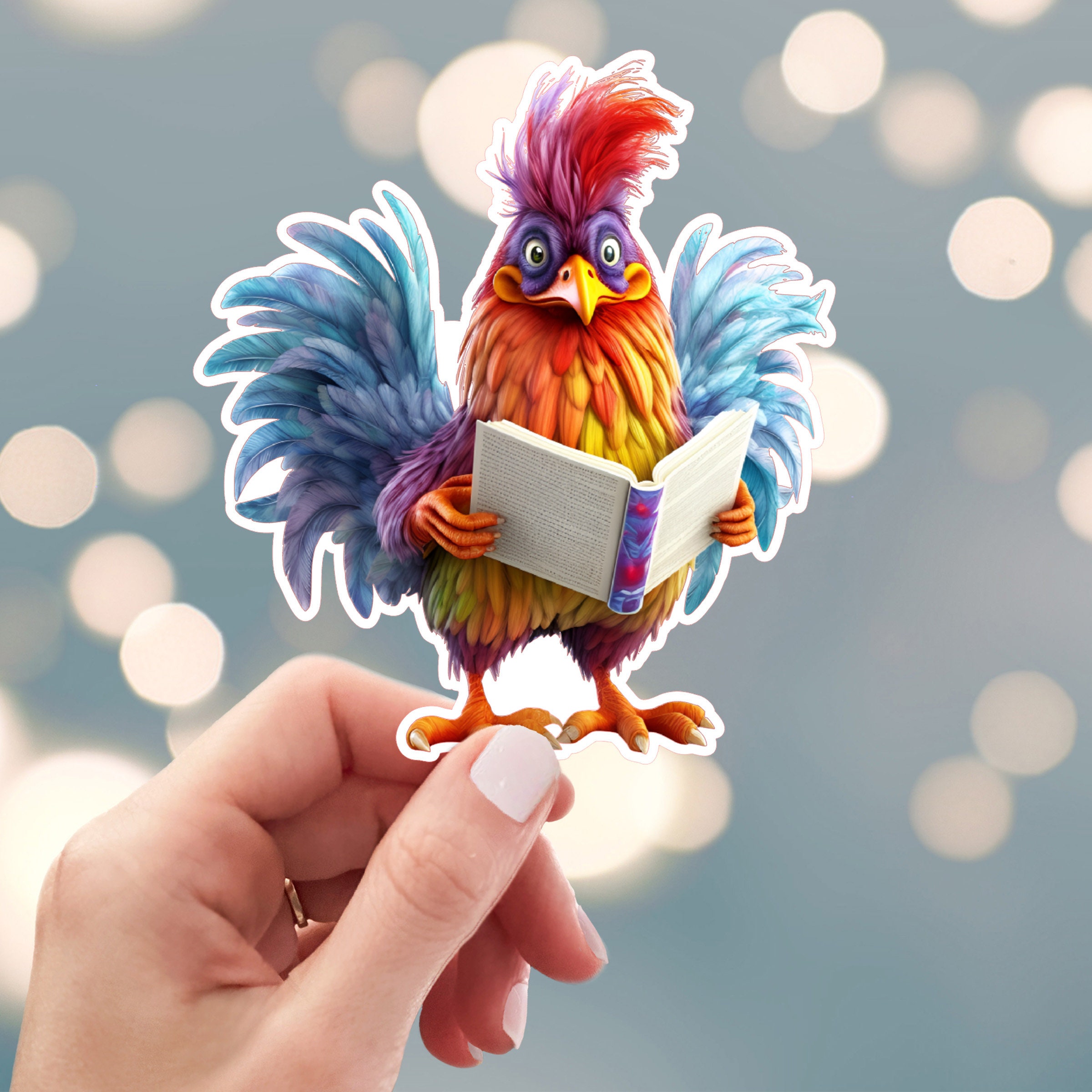Rooster Reading A Book Sticker, Library School Book Sticker, Chicken ...