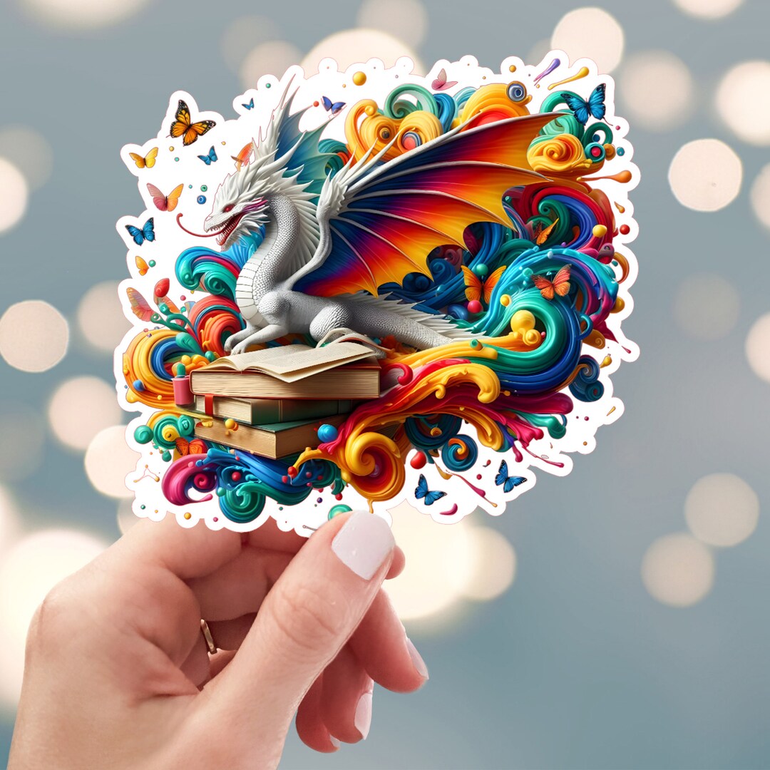 Rainbow Dragon Sticker, Reading Book Dragon Sticker, Mystical Dragon ...
