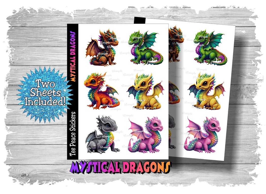 Mystical Dragon Sticker Sheets, 2 Sheet Bundle, Flying Dragon Stickers ...