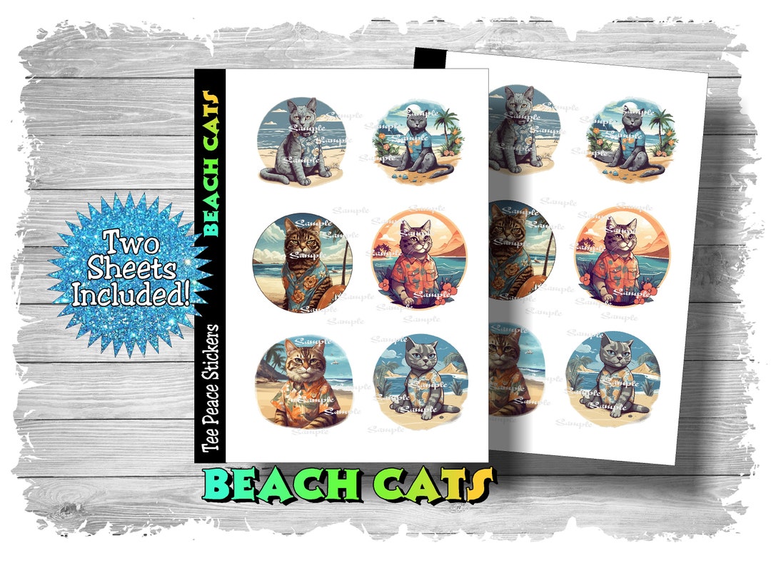 Beach Cat Sticker Sheets, 2 Sheet Bundle, Cool Cats Stickers, Summer ...