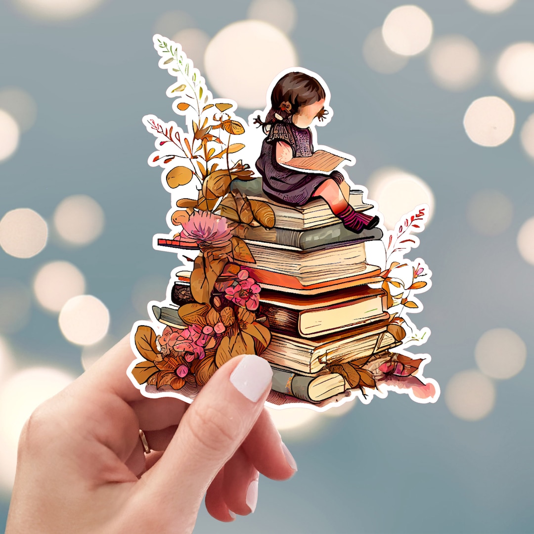 Stack of Books Sticker, Library Books Sticker, Girl Reading Books ...