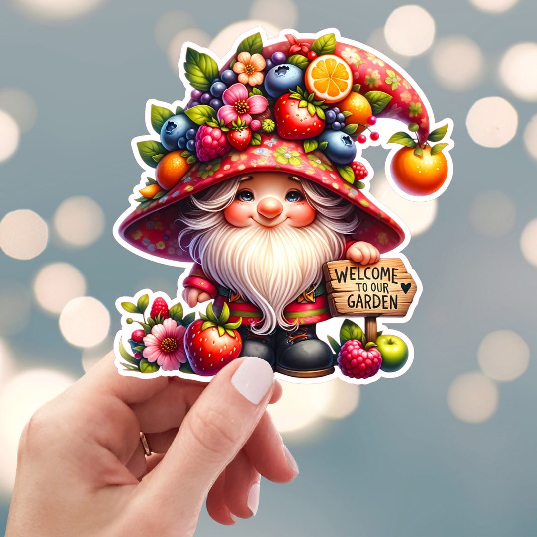 Mixed Fruit Gnome Sticker, Garden Gnome Sticker, Welcome to Our Garden ...