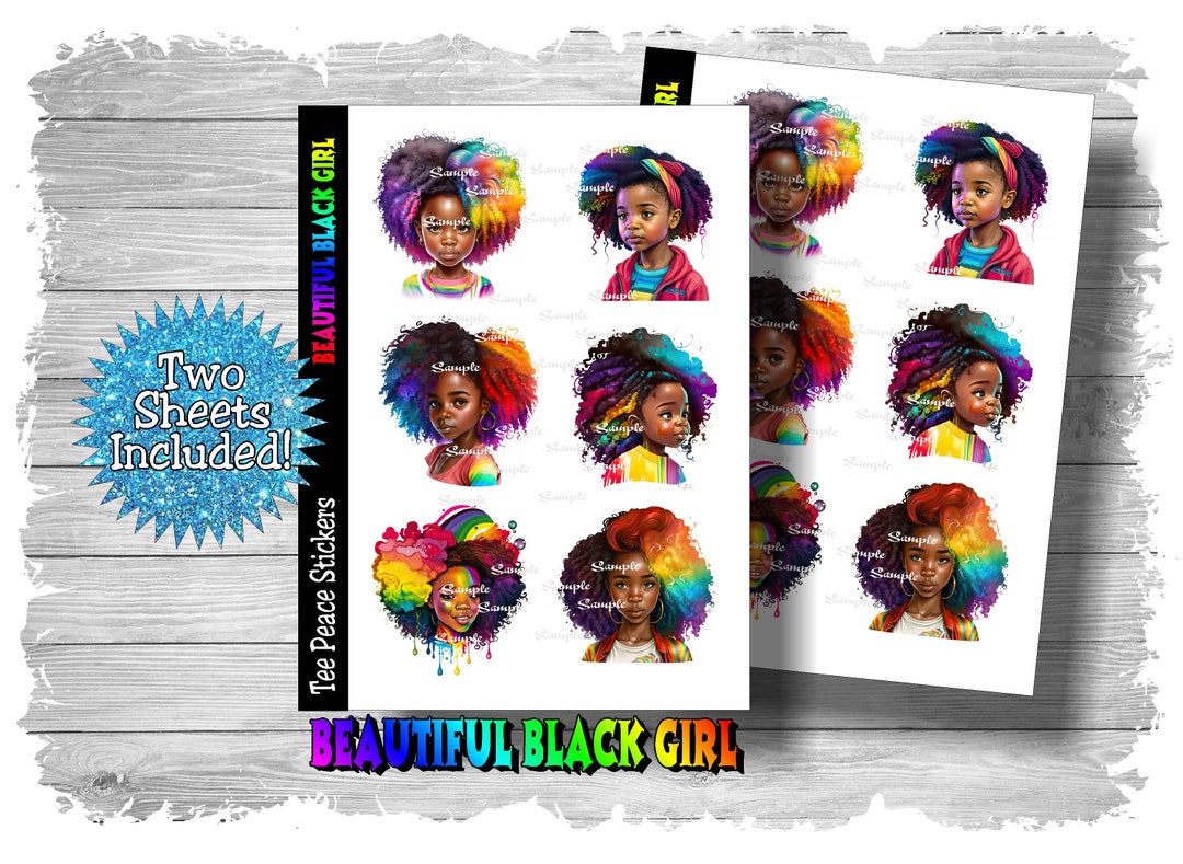 Pretty Black Girl Sticker Sheets, 2 Sheet Bundle, Rainbow Hair Stickers ...