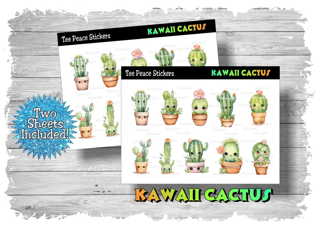 Kawaii Cactus Sticker Sheets, 2 Sheet Bundle, Cactus Stickers, Cactus ...