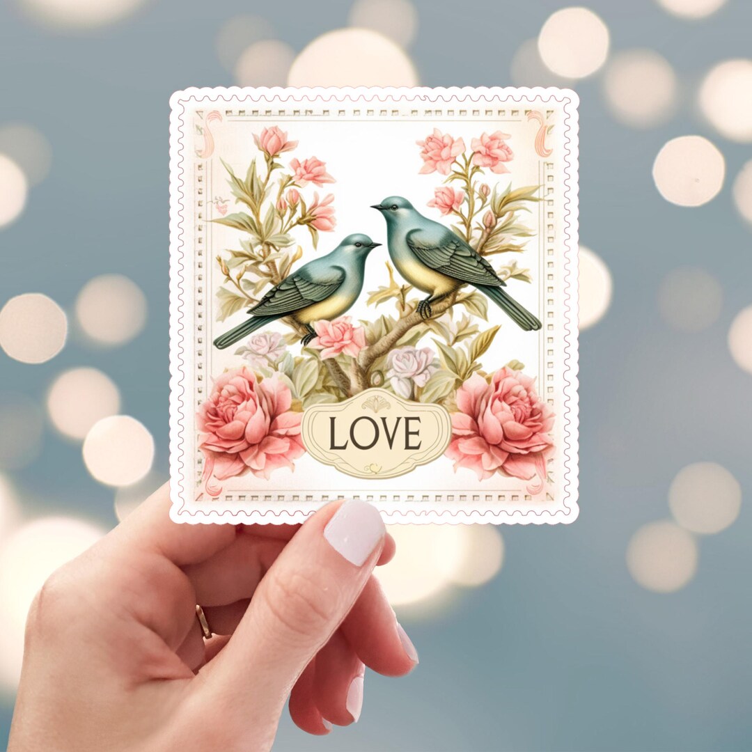 Blue Birds Stamp Sticker, Love Birds Sticker, Spring Floral Sticker ...