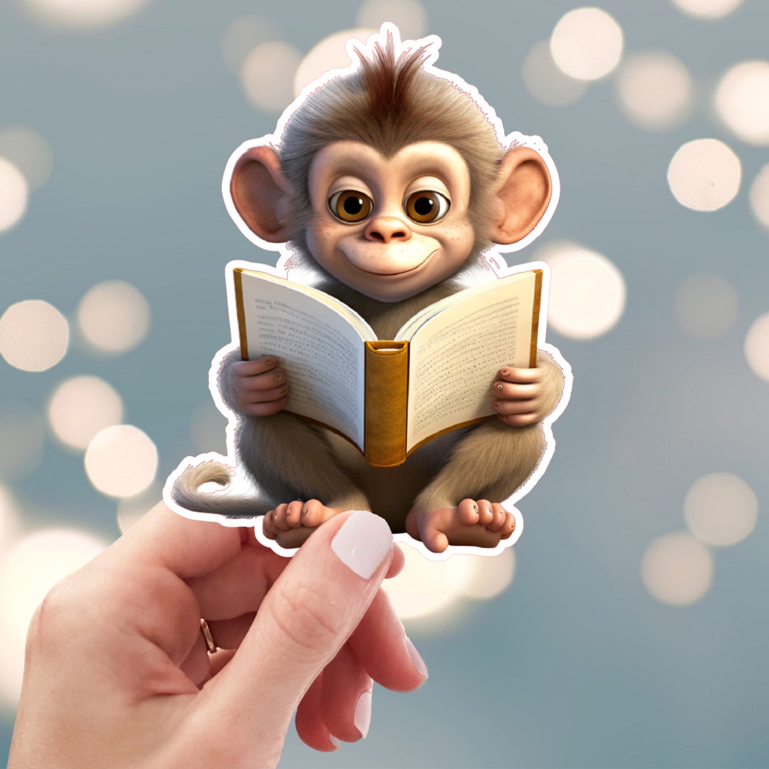 Monkey Reading A Book Sticker, Library School Book Sticker, Zoo Monkey ...