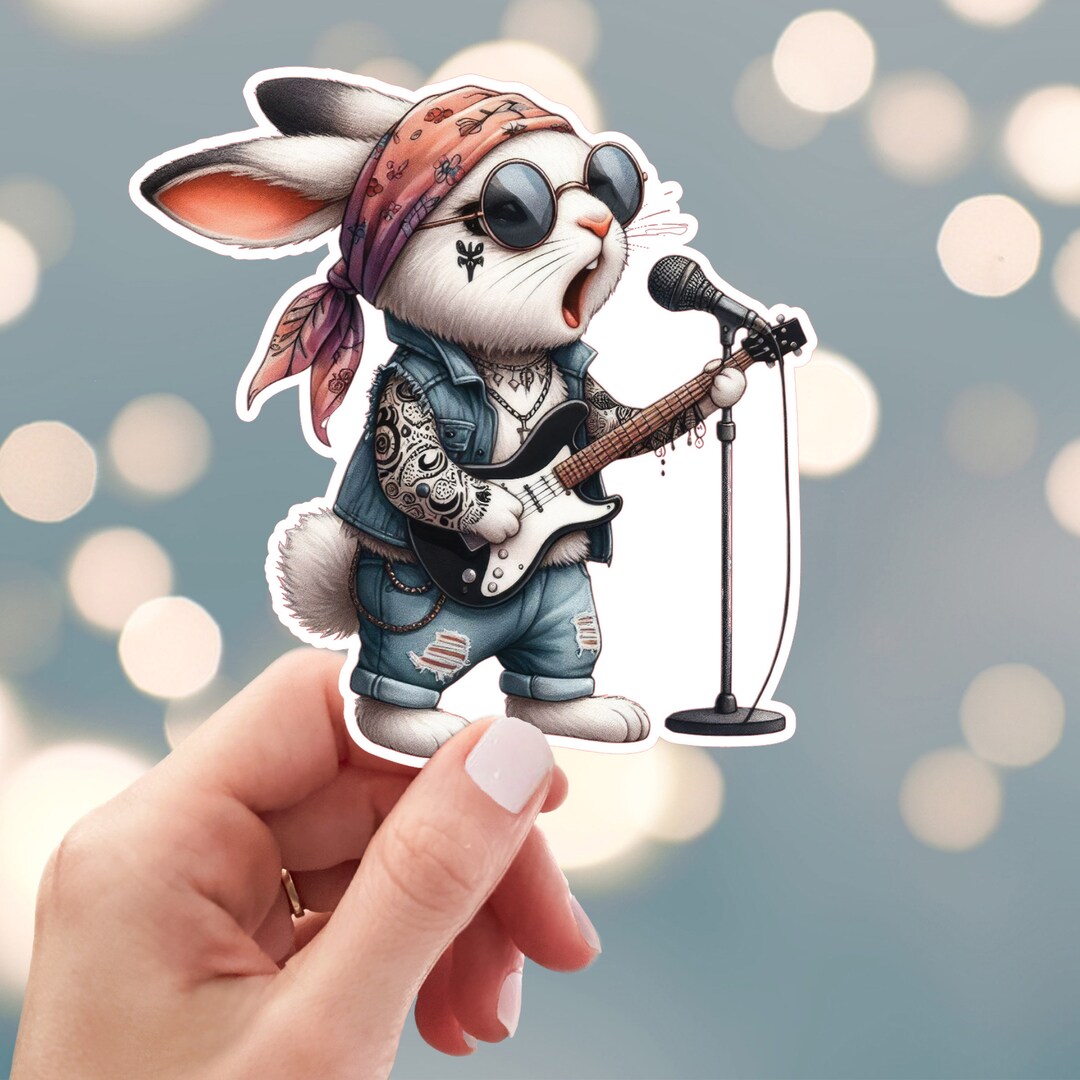 Bunny Rock Music Sticker, Guitar Playing Rabbit Sticker, Rock N Roll ...