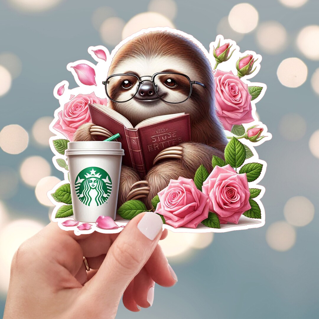 Reading Sloth Sticker, Cute Teacher Sloth Sticker, Coffee Cup Sloth ...