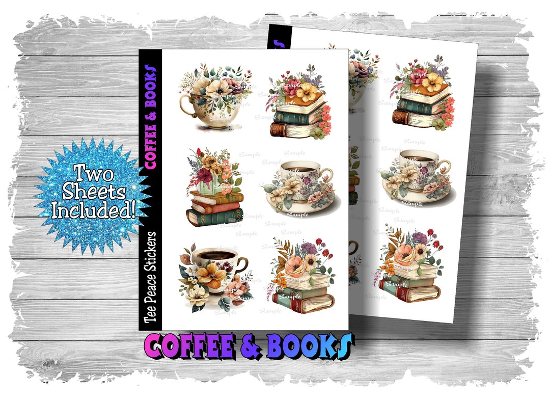 Coffee & Books Sticker Sheets, 2 Sheet Bundle, Coffee Cup Planner ...