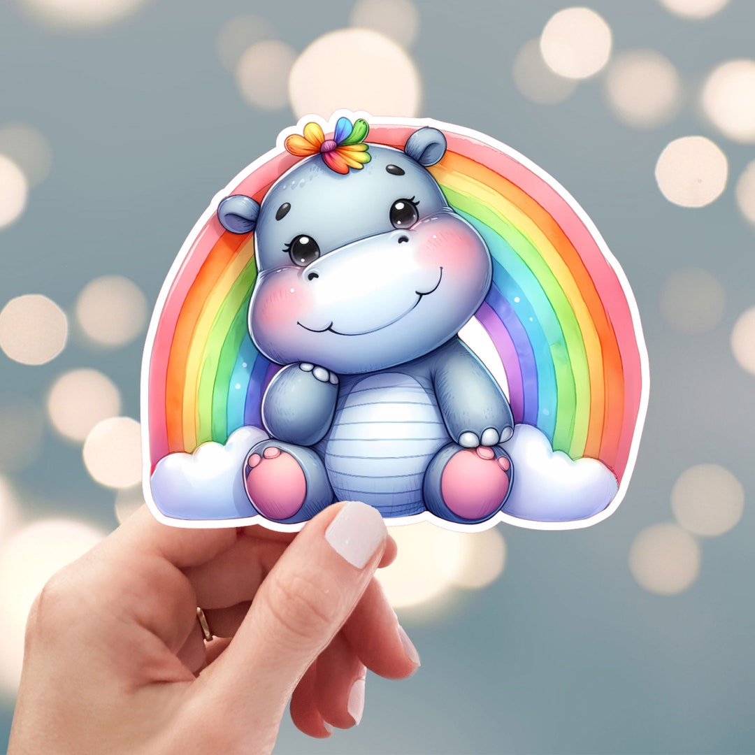 Hippo Sticker, Rainbow Sticker, Baby Hippo Sticker, Zoo Hippopotamus ...