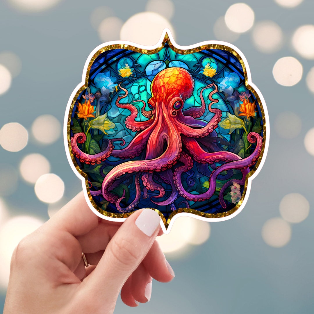 Octopus Sticker, Stained Glass Squid Sticker, Octopus Sticker, Under ...