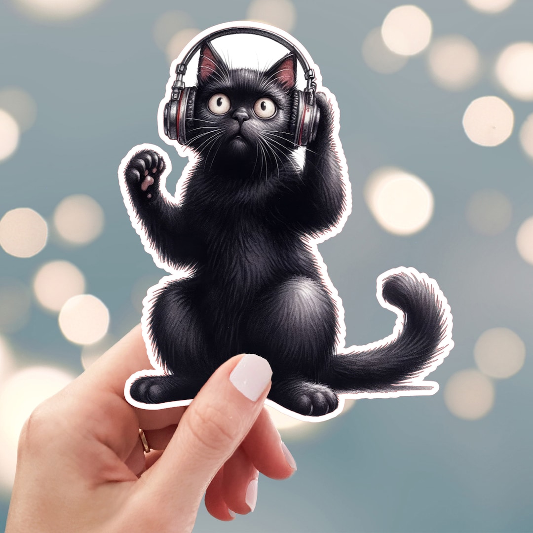 Musical Black Cat Sticker, Headphones Cat Large Sticker, Dancing Cat ...