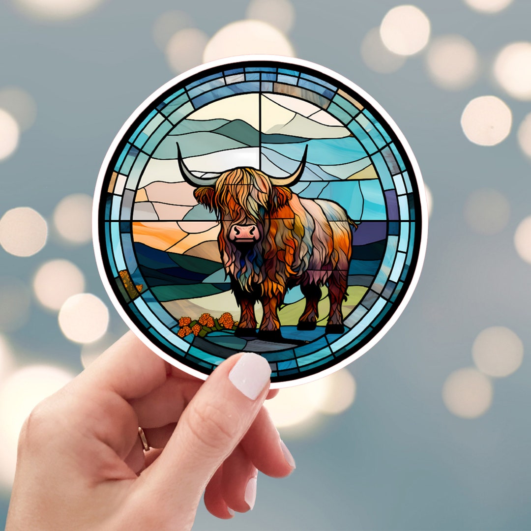 Highland Cow Sticker, Stained Glass Cow Sticker, Long Horn Cow Sticker ...