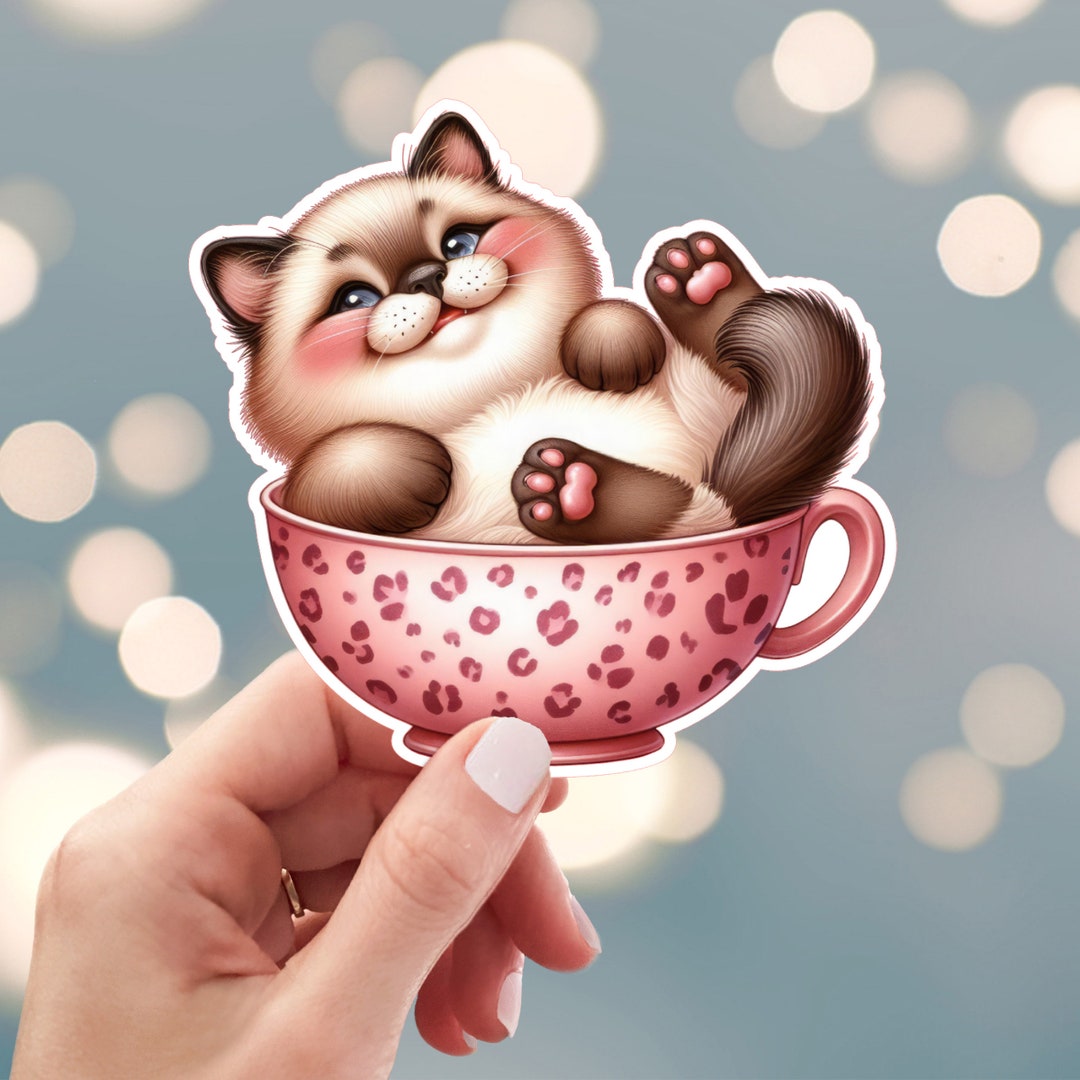 Cat in A Cup Sticker, Animal Print Tea Cup Sticker, Siamese Cat Kitten ...