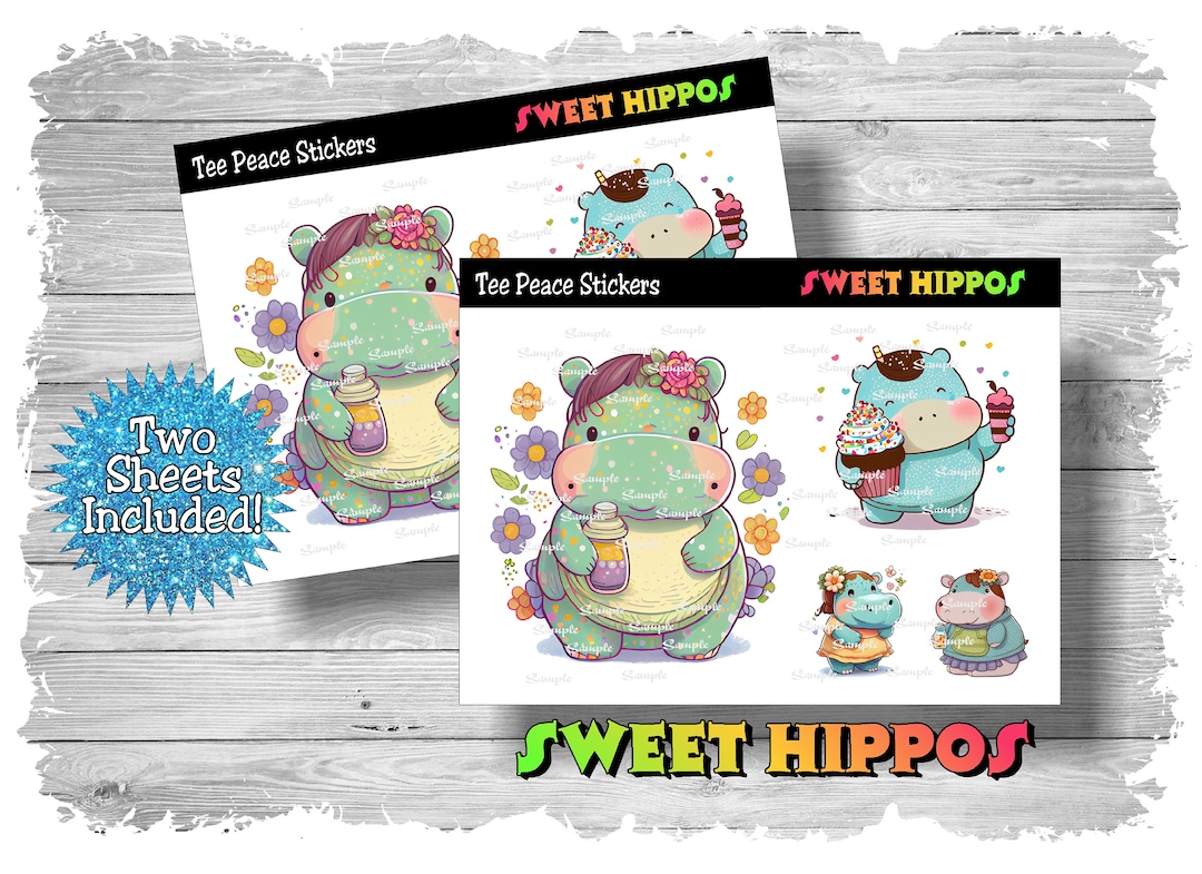 Hippo Sticker Sheets, 2 Sheet Bundle, Hippopotamus Stickers, Baby Hippo ...