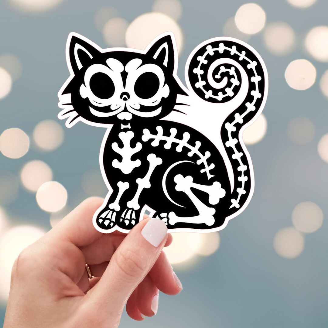 Cat Skeleton Sticker, Halloween Cat Sticker, Creepy Black Cat Sticker, Skull Bones Cat Sticker ...