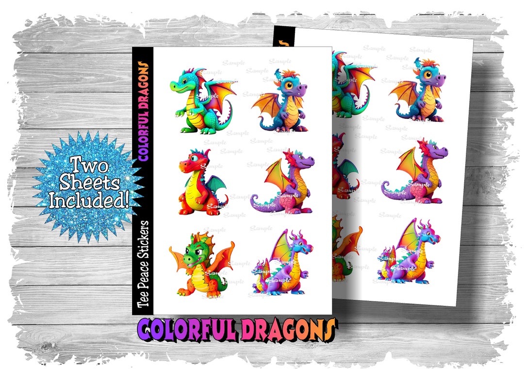 Rainbow Dragon Sticker Sheets, 2 Sheet Bundle, Dragon Stickers ...