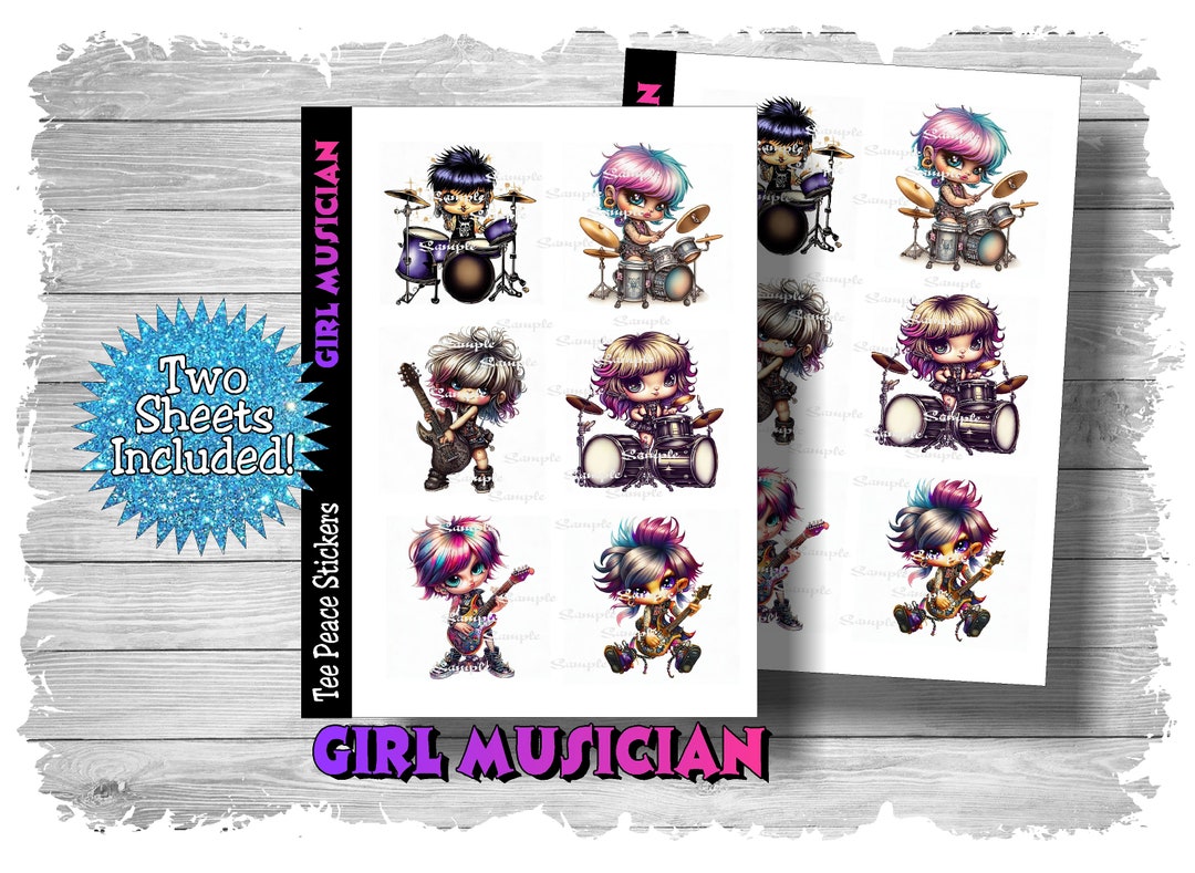Girl Musician Sticker Sheets, 2 Sheet Bundle, Girl Drummer Stickers ...