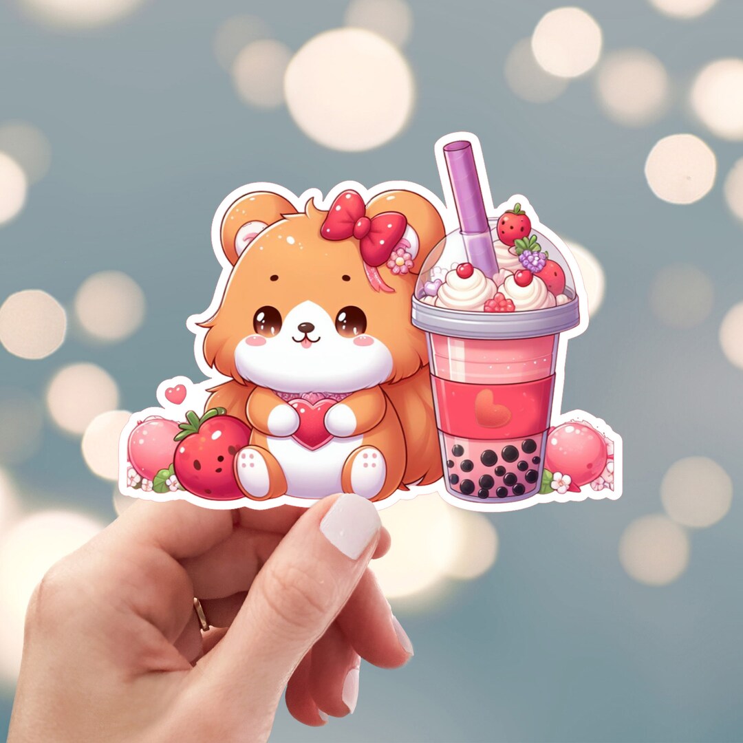 Kawaii Bear Boba Tea Sticker, Strawberry Refresher Sticker, Bubble Tea ...