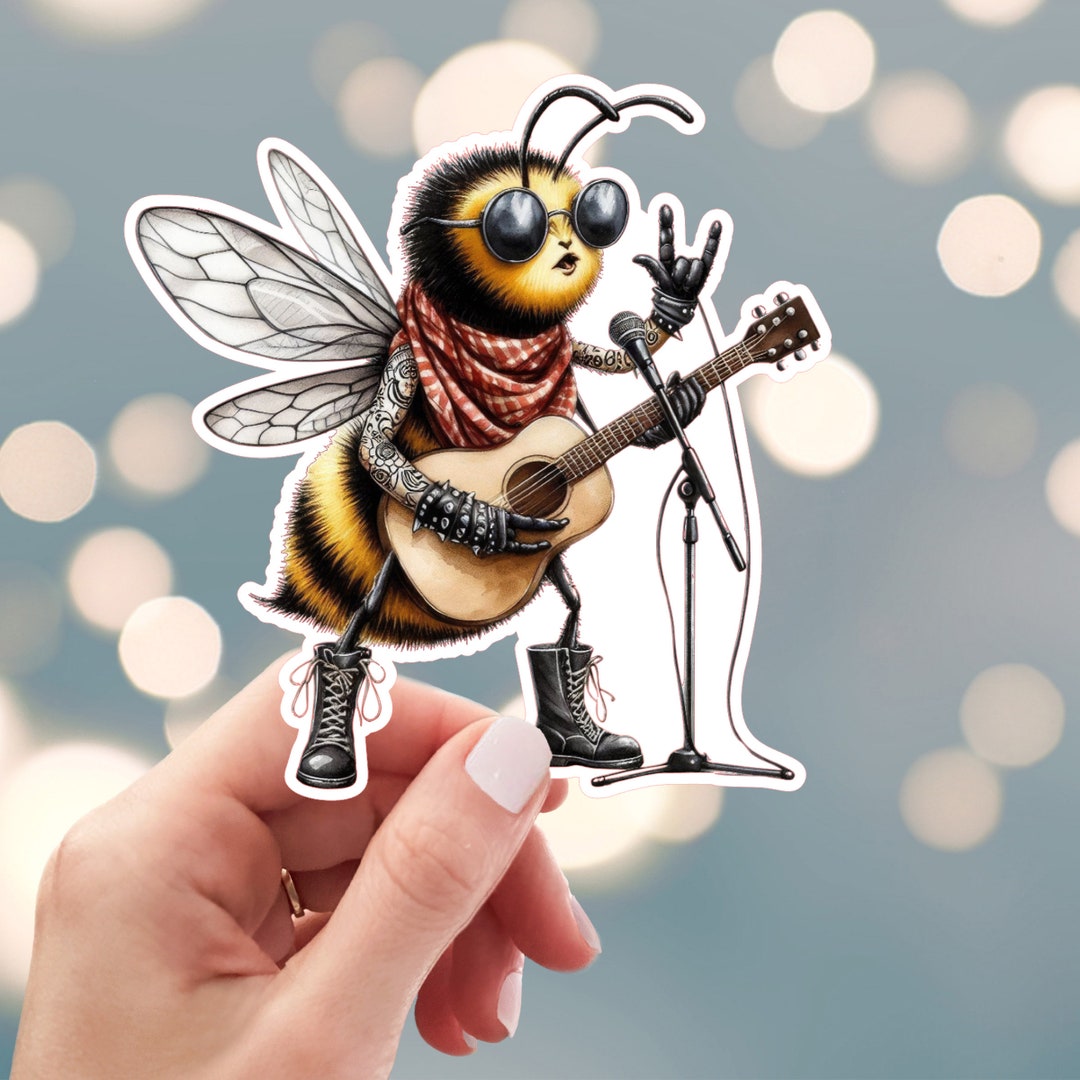Bee Rock Music Sticker, Guitar Playing Honey Bee Sticker, Rock N Roll ...