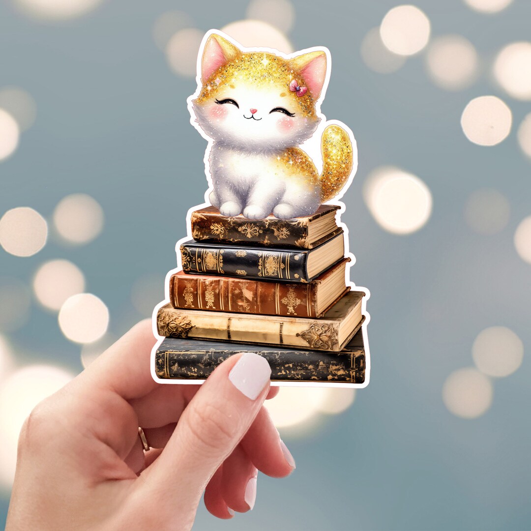 Cat on Top of Books Sticker, Tabby Cat Reading Sticker, Book Club ...