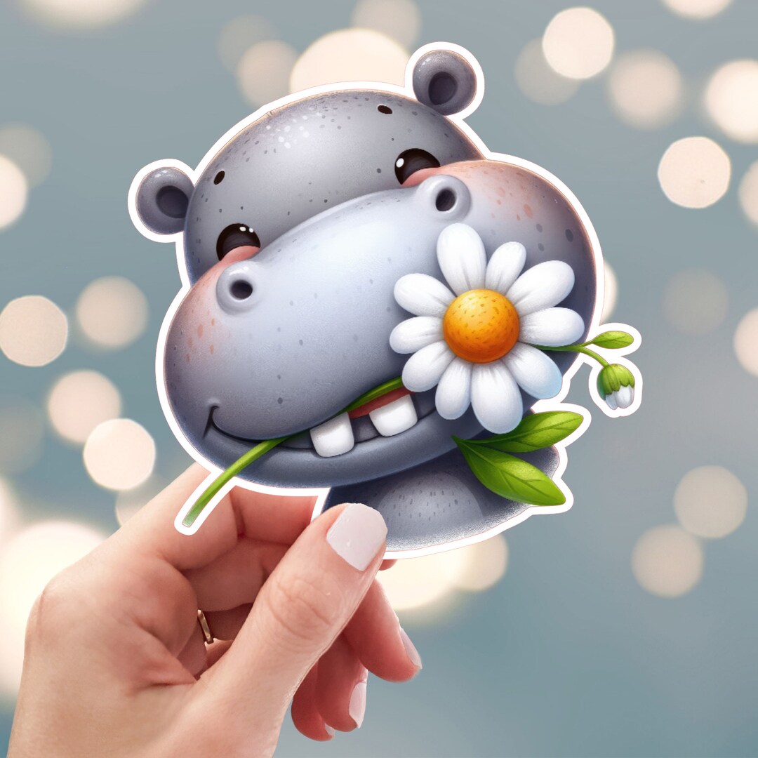 Hippo Sticker, Daisy Flower Sticker, Zoo Hippo Sticker, Smiling ...