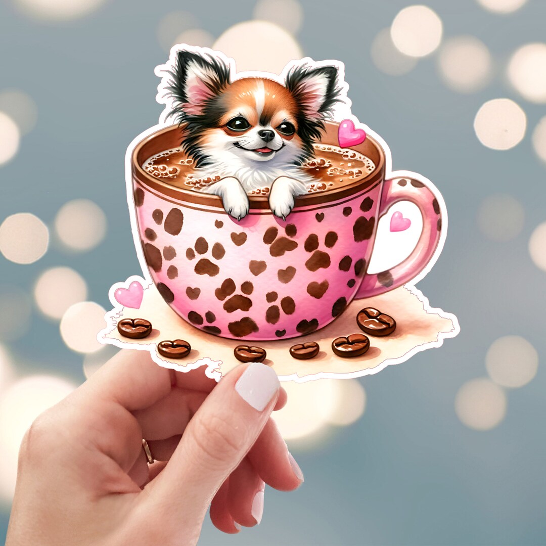 Chihuahua Sticker, Paw Print Coffee Cup Sticker, Chihuahua Dog in Cup ...