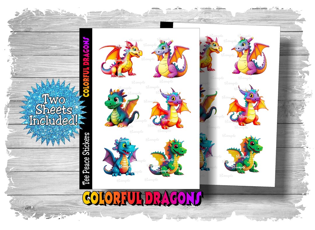 Rainbow Dragon Sticker Sheets, 2 Sheet Bundle, Dragon Stickers ...