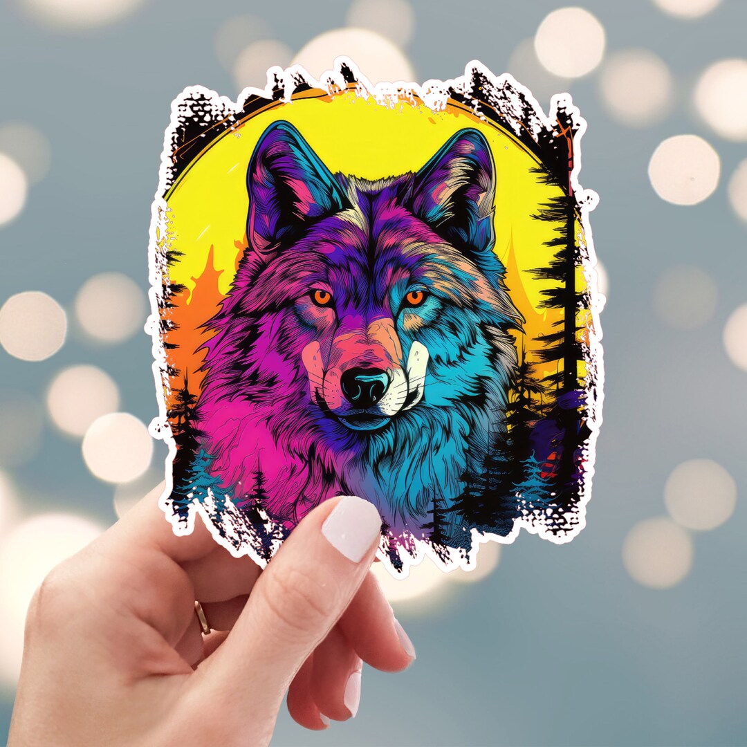 Wolf Sticker, Mountain Wolf Sticker, Wild Wolf Sticker, Rainbow Sunset ...