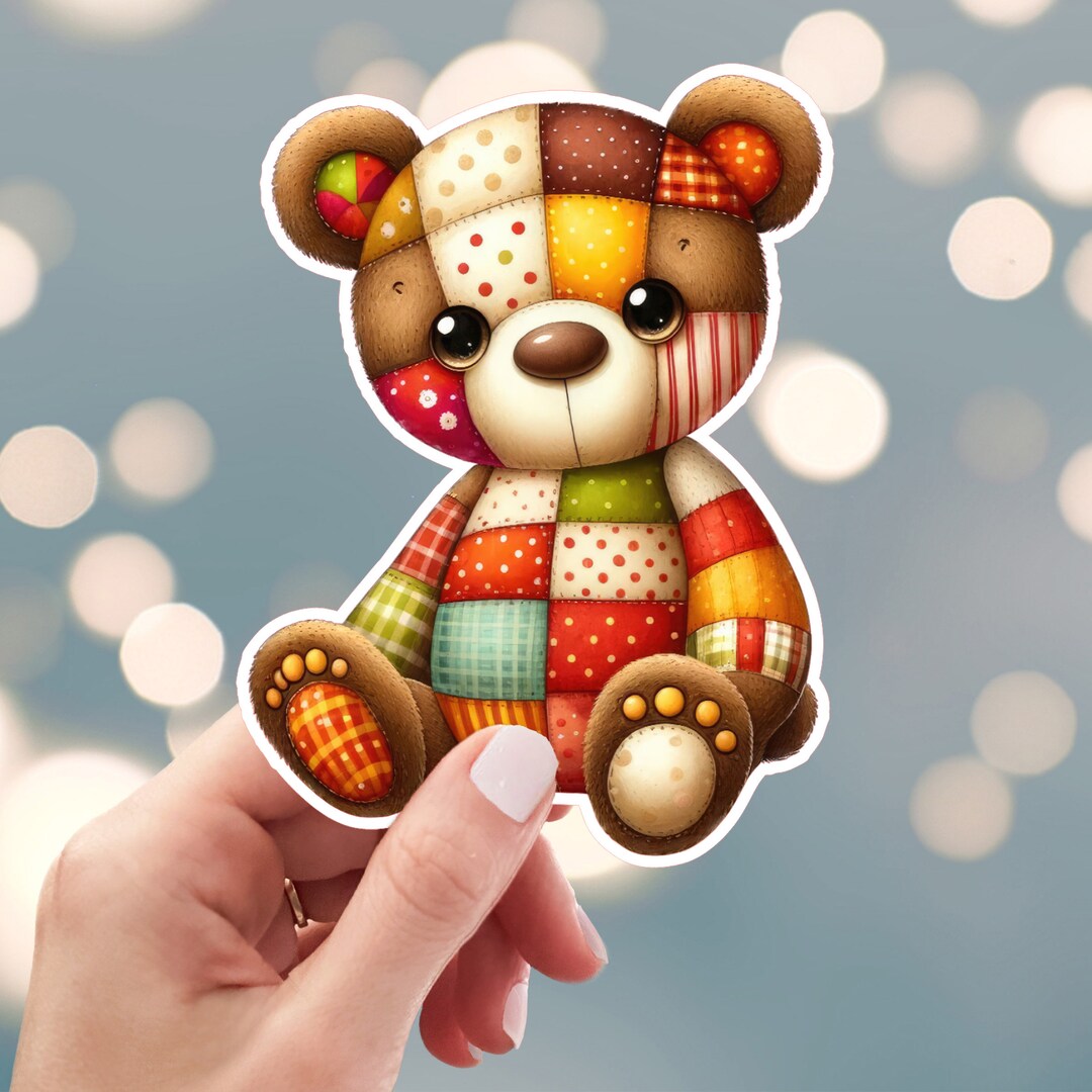 Patchwork Quilted Bear Sticker, Stuffed Animal Sticker, Quilted Stuffed ...