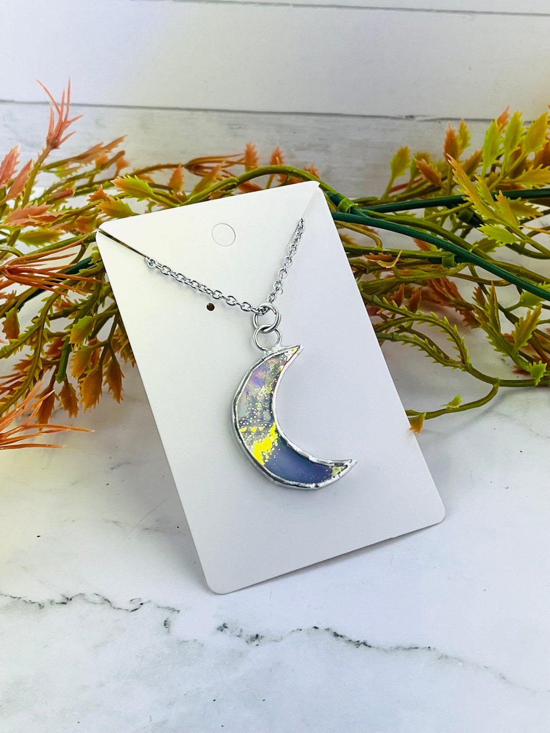 Iridescent White and Clear Stained Glass Moon Necklace - Etsy