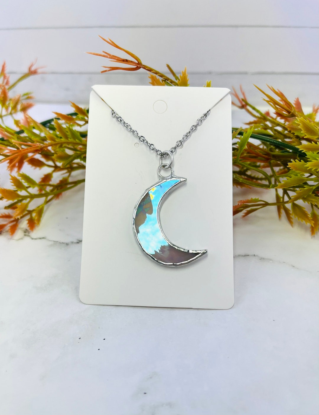Iridescent White and Clear Stained Glass Moon Necklace - Etsy