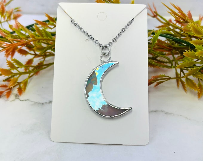 Iridescent White and Clear Stained Glass Moon Necklace - Etsy