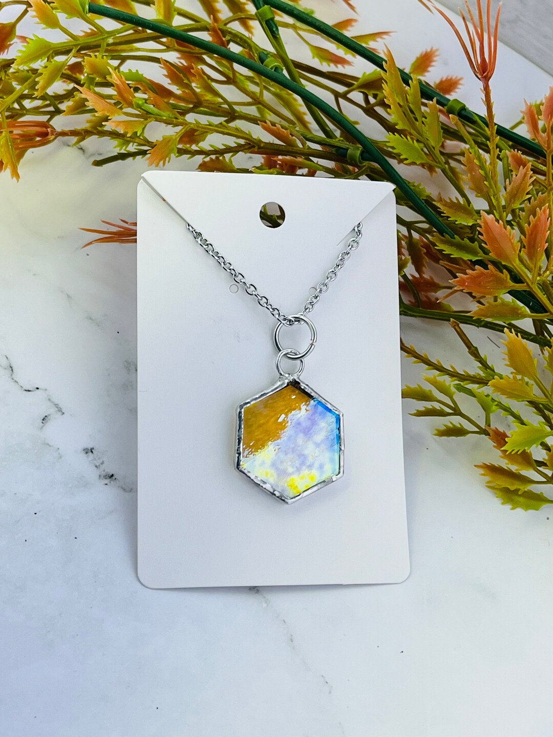 Iridescent Translucent Honey Color Hexagon Stained Glass Necklace - Etsy